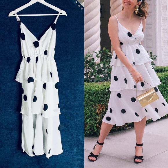 O.P.T. | Dresses | Opt White And Black Polka Dot Tiered Midi Dress ...